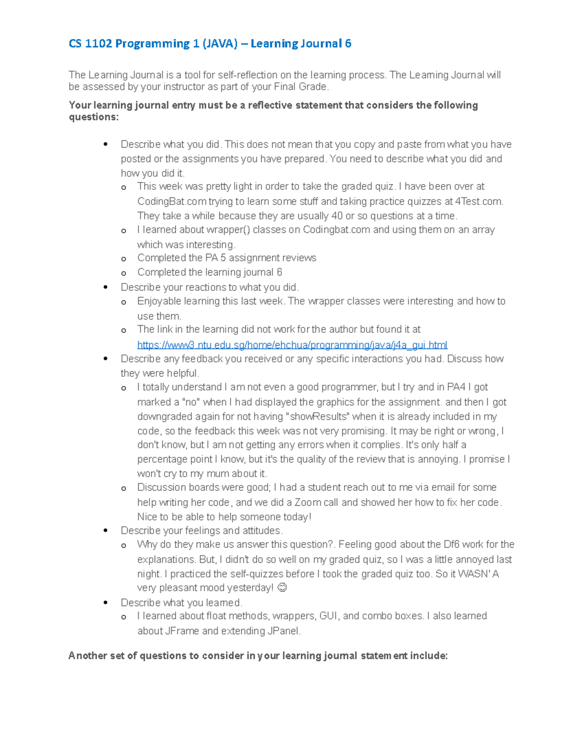 CS1102 Programming 1 - Learning Journal 6 - CS 1102 Programming 1 (JAVA) – Learning Journal 6 ...