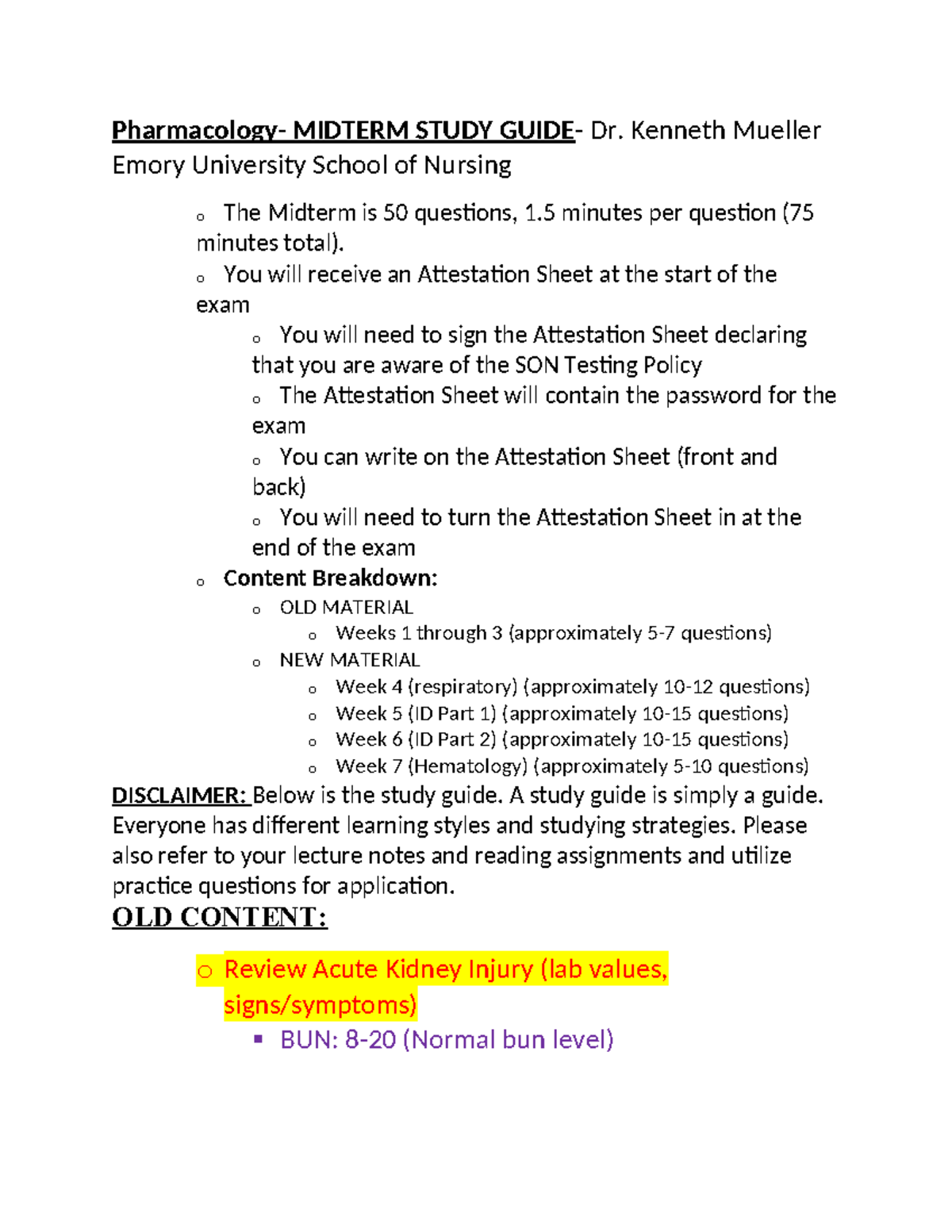 Pharm Study Guide Exam 2 Midterm - Pharmacology- MIDTERM STUDY GUIDE ...