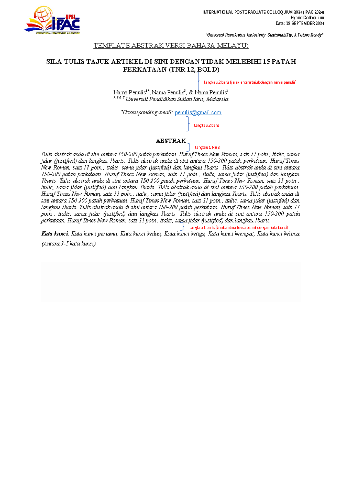 IPAC 2024 Abstract Template - Langkau 2 baris (jarak antara tajuk dengan nama penulis) Langkau 2 ...