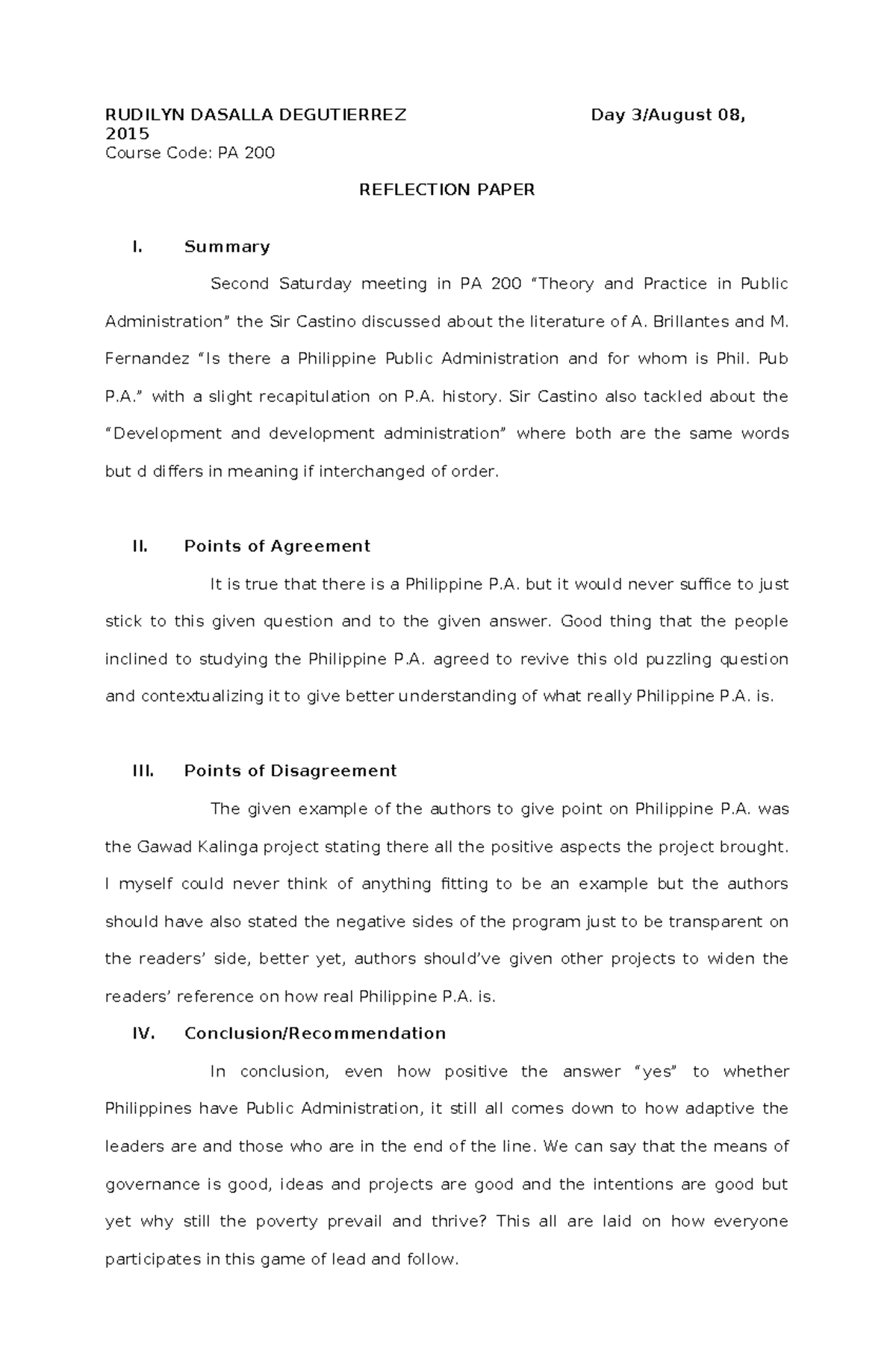 Reflection Paper on Theory and Practice of PA - RUDILYN DASALLA ...