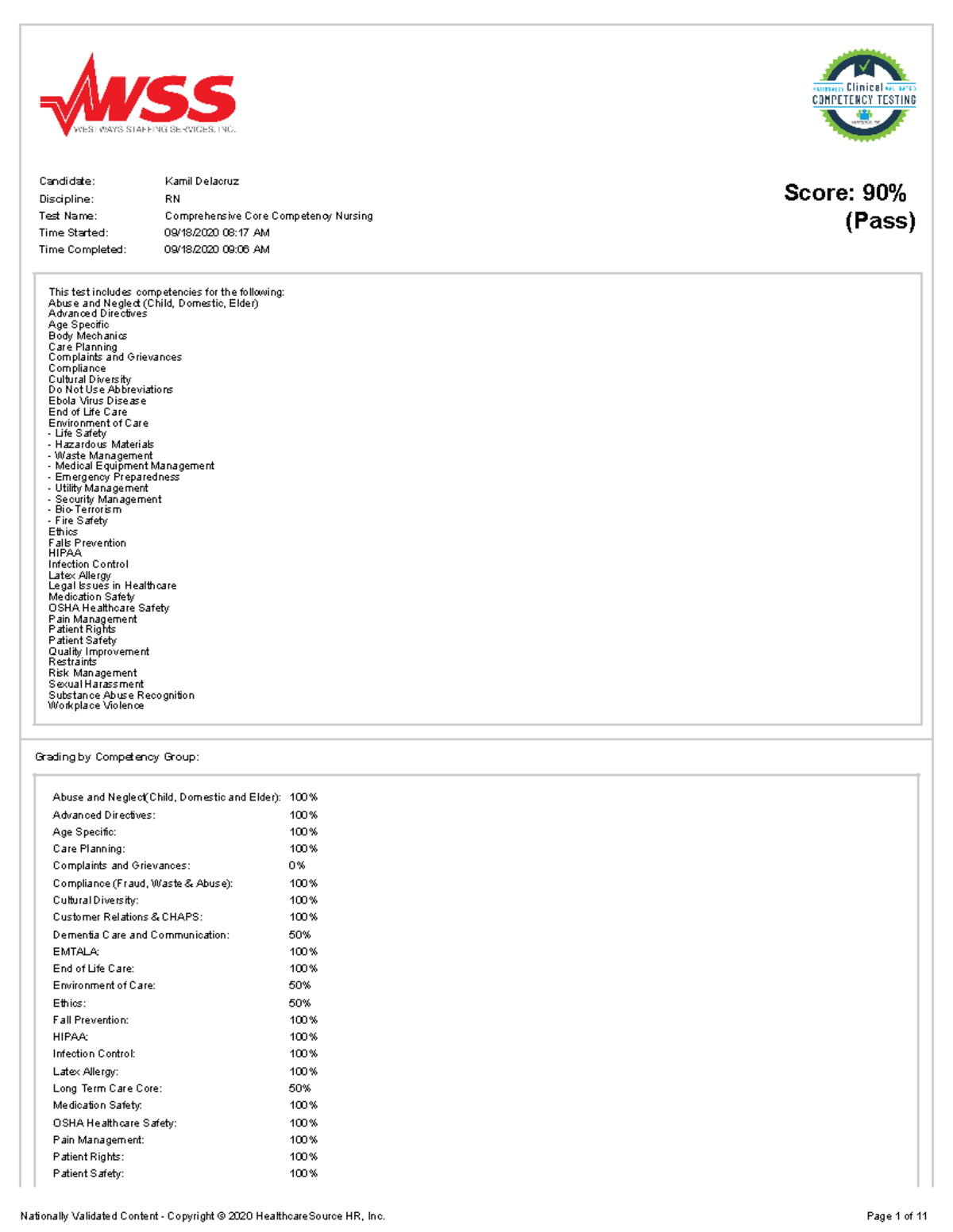 Comprehensive Core Nursing Exam Answers - Score: 90% (Pass) Discipline ...