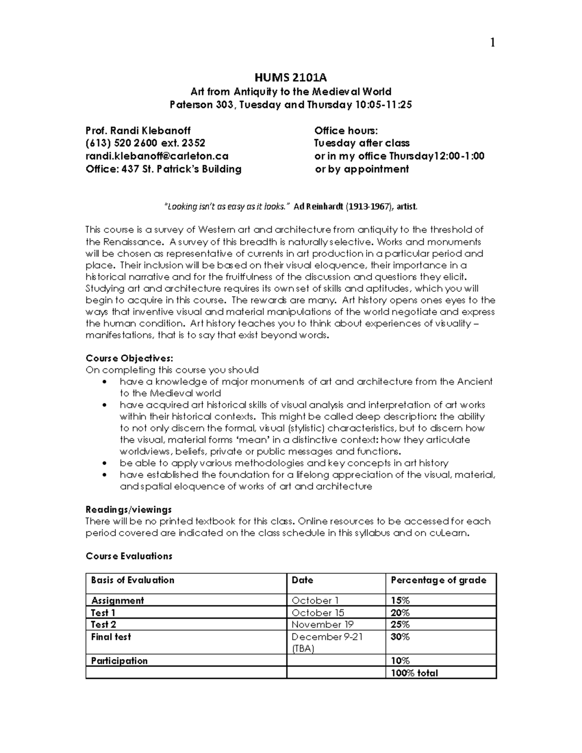 HUMS 2101A Course Outline Fall 2019 Klebanoff - Warning: TT: undefined ...