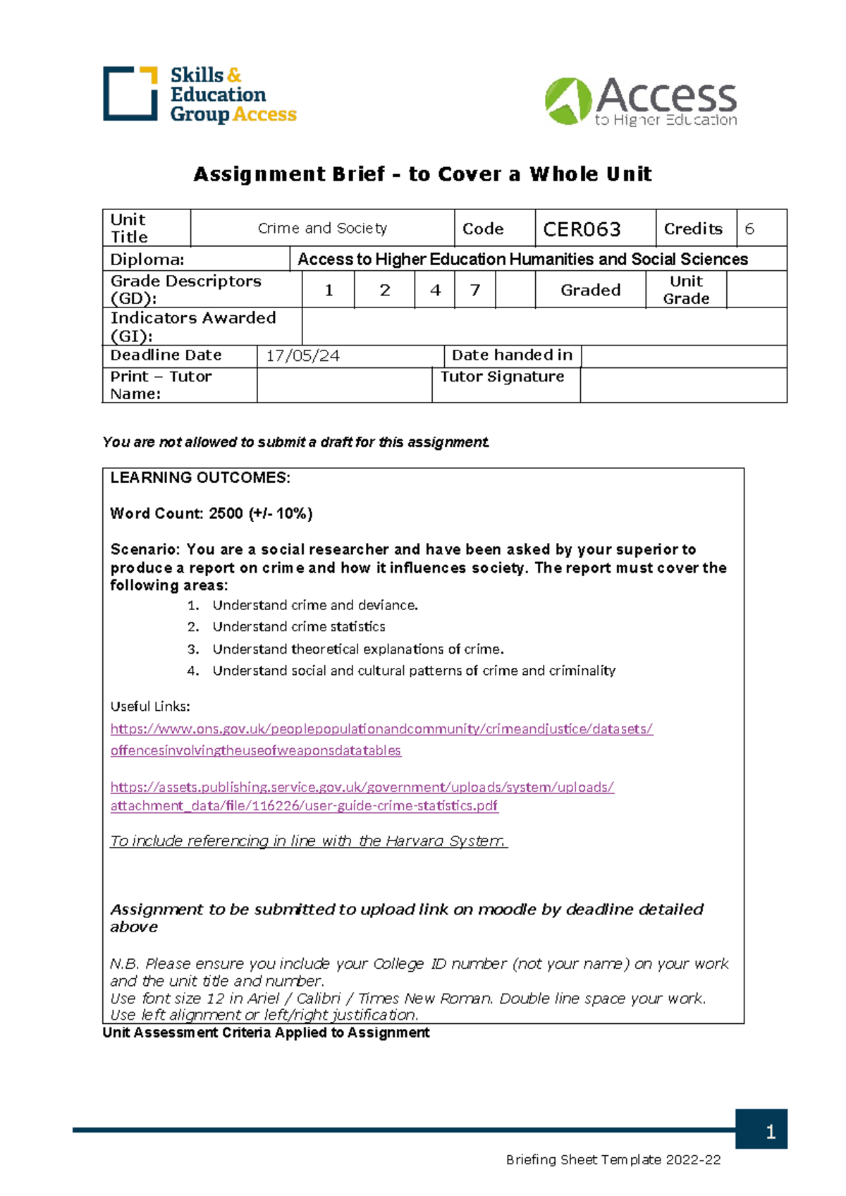Assignment Brief SEG CAS - 1 Briefing Sheet Template 2022- Assignment ...