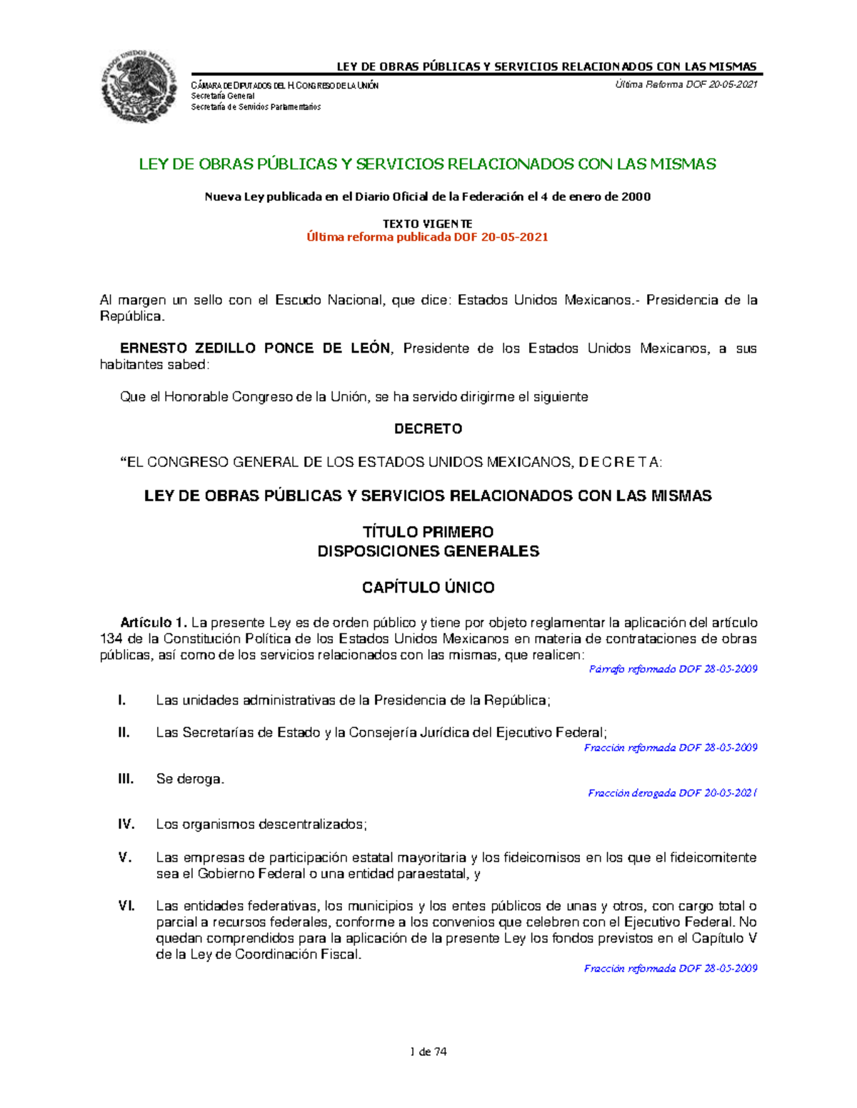 LEY DE Obras Publicas - SDFV - C¡MARA DE DIPUTADOS DEL H. CONGRESO DE ...