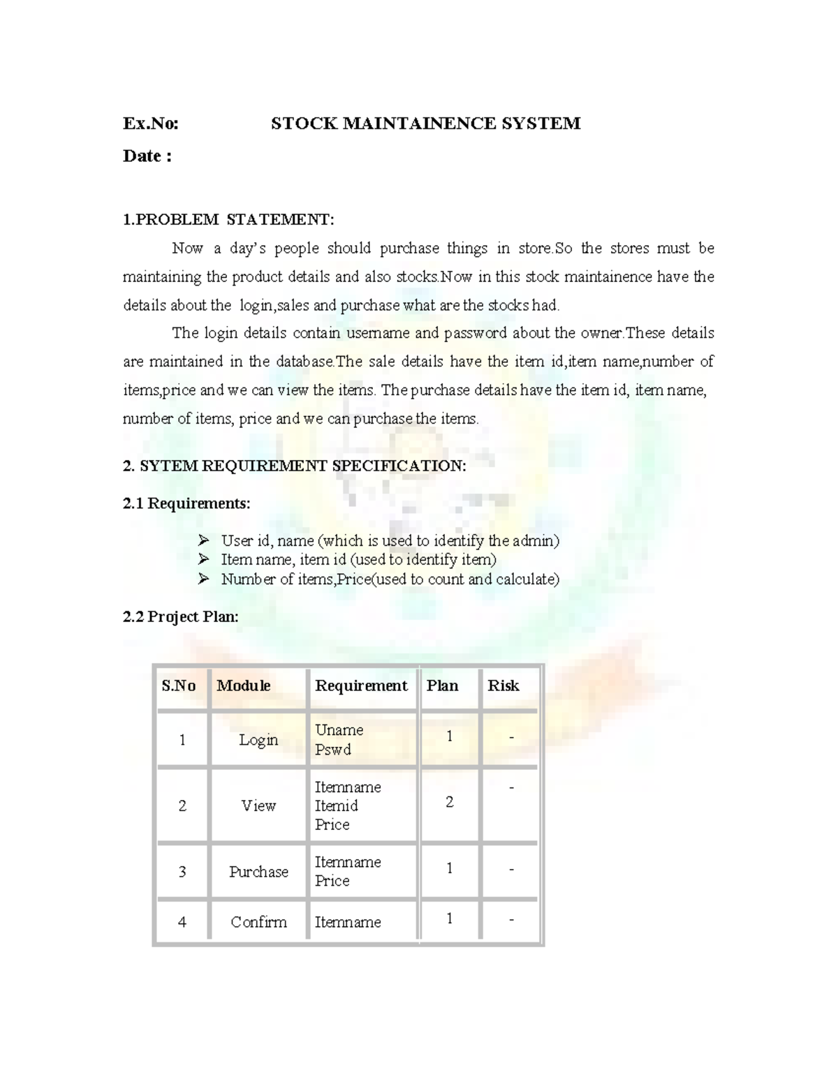Stock Maintenance System - Ex: STOCK MAINTAINENCE SYSTEM Date : 1 ...