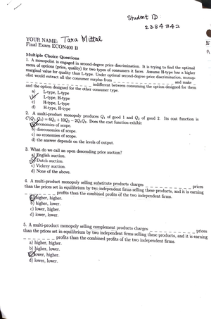 Econ400HW2(q2) - Instructor: Maria Arbatskaya - INPUTS: Q=Quantity 1 ...