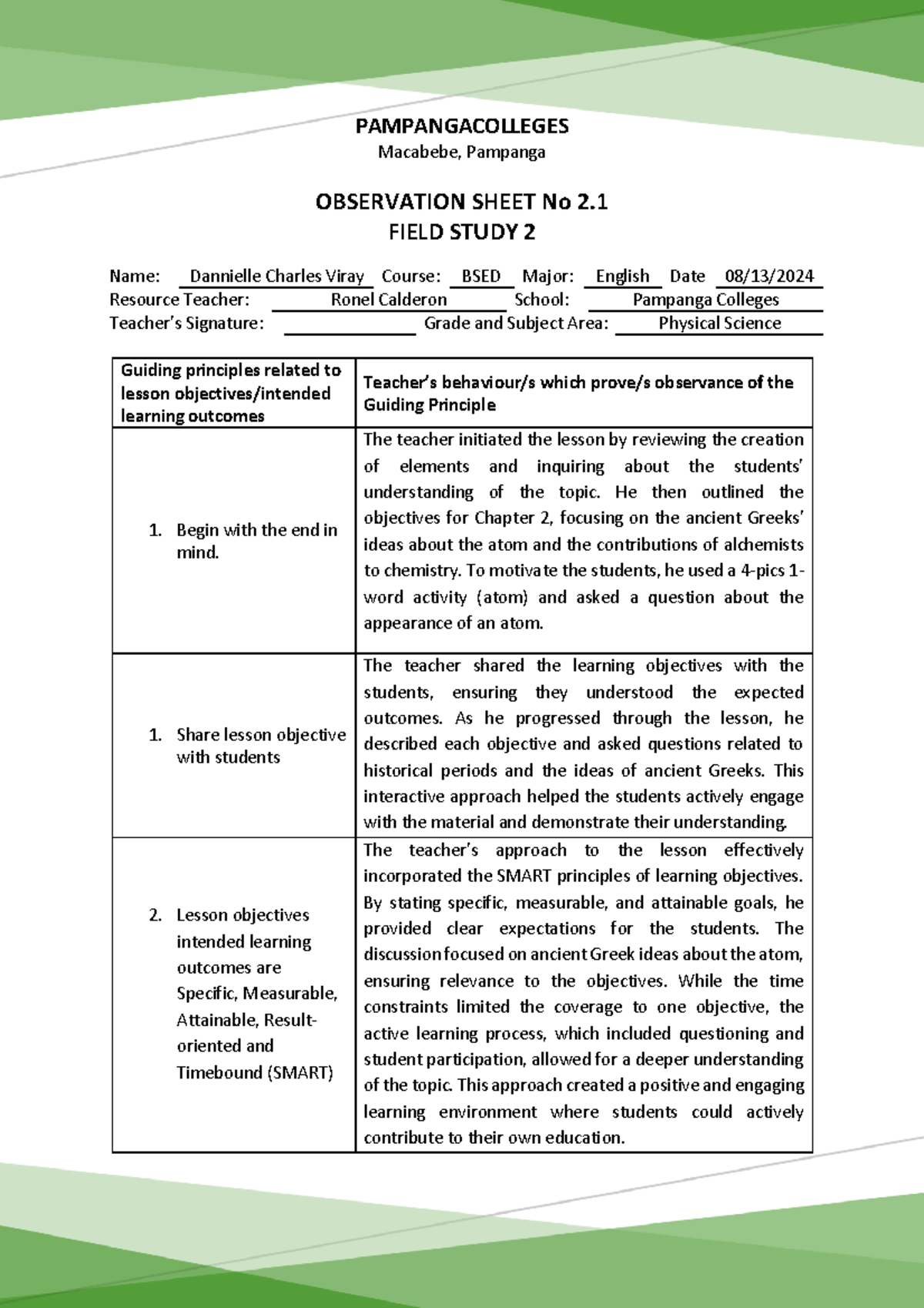 FS2 Episode 2 - PAMPANGACOLLEGES Macabebe, Pampanga OBSERVATION SHEET ...