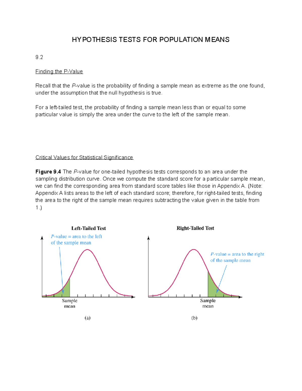 MTH 155 Chapter 9.2 Notes Hypothesis Tests for Population Means Part 2 ...