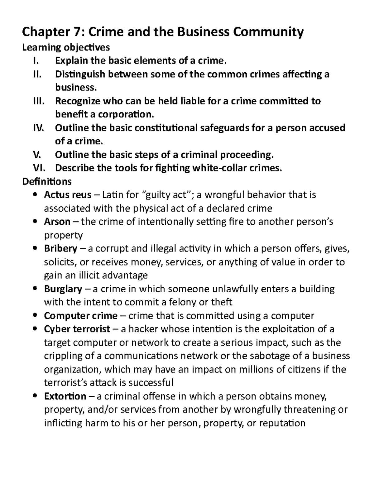 Chapter 7 notes - Chapter 7: Crime and the Business Community Learning ...
