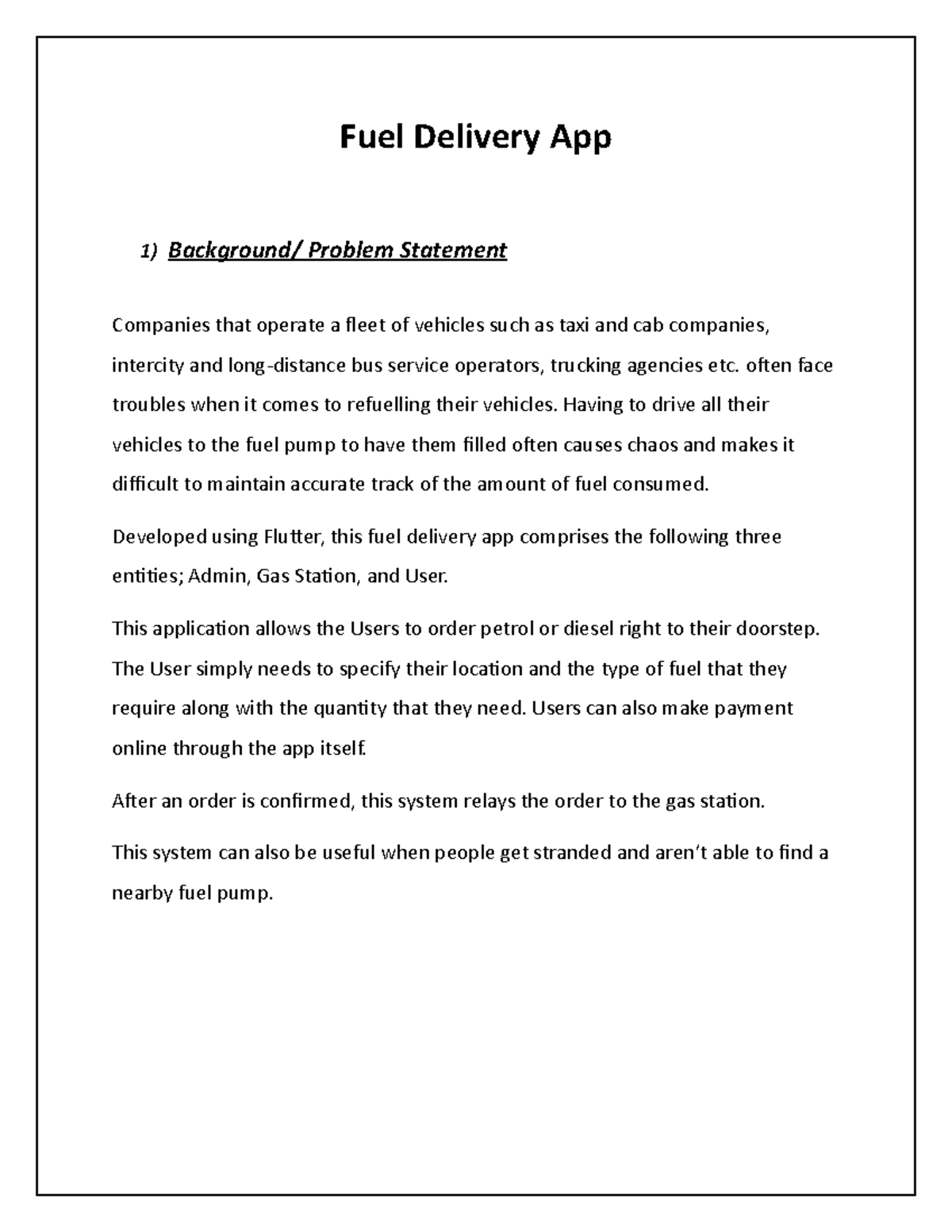 EXP 1 SAMPLE DOC - Fuel Delivery App 1) Background/ Problem Statement ...