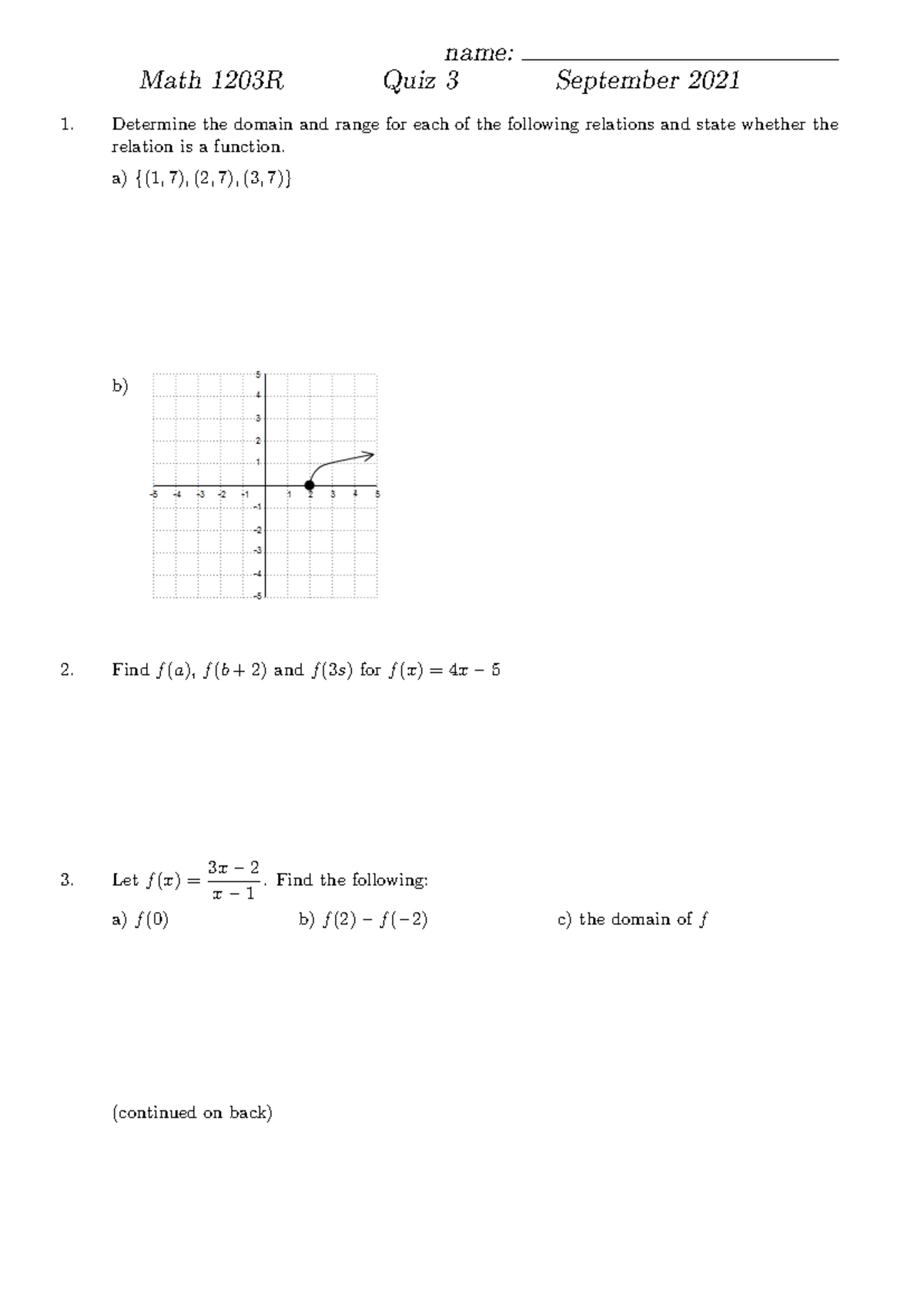 Q3 - college algebra quiz - Math 1203R Quiz 3 September 2021 name ...