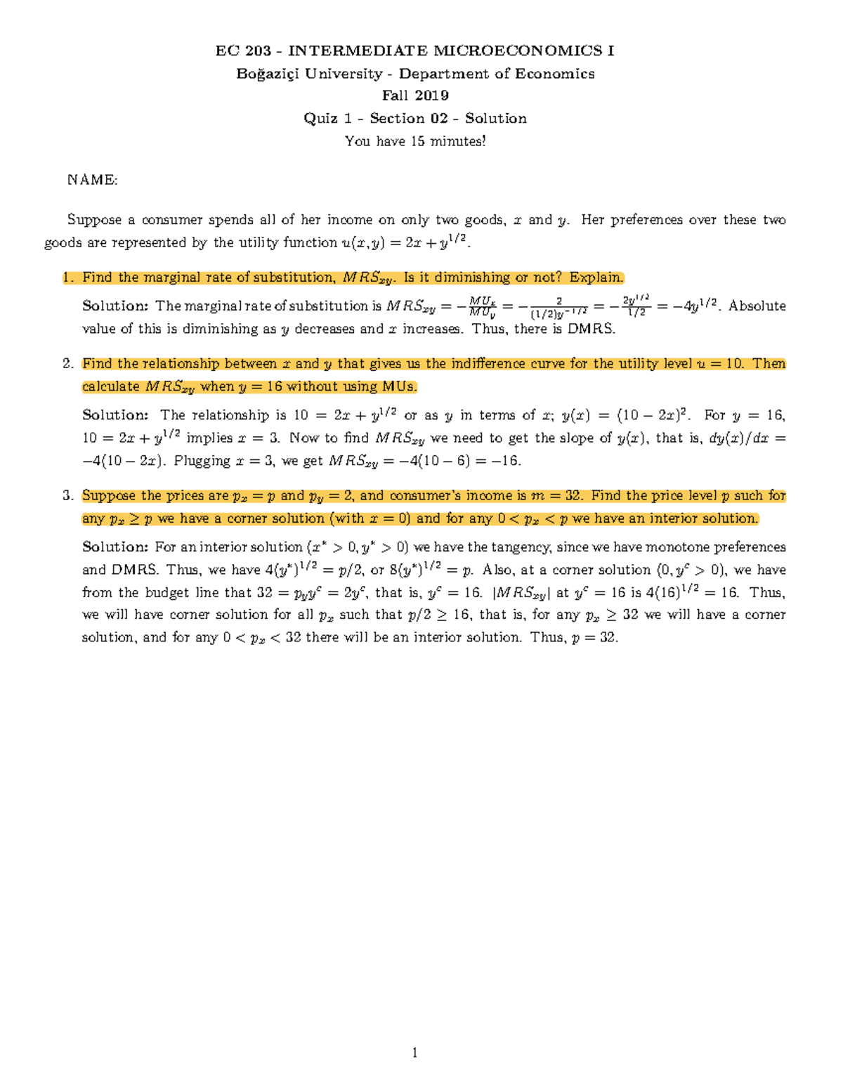 Columbia Micro Quiz 1 - EC 203 - INTERMEDIATE MICROECONOMICS I Bo ̆gazi ̧ci University ...