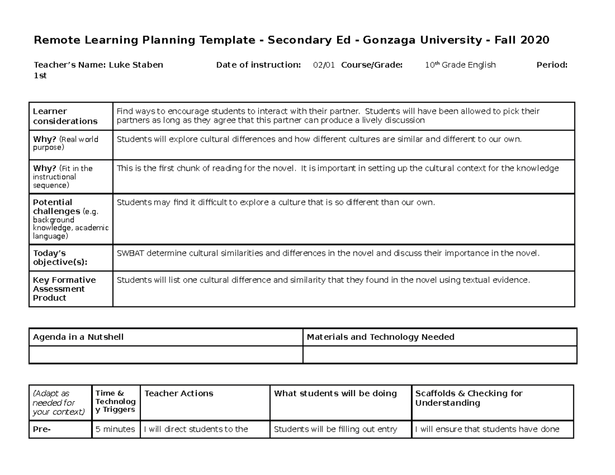 Lesson Plan Lesson 1 - Remote Learning Planning Template - Secondary Ed ...