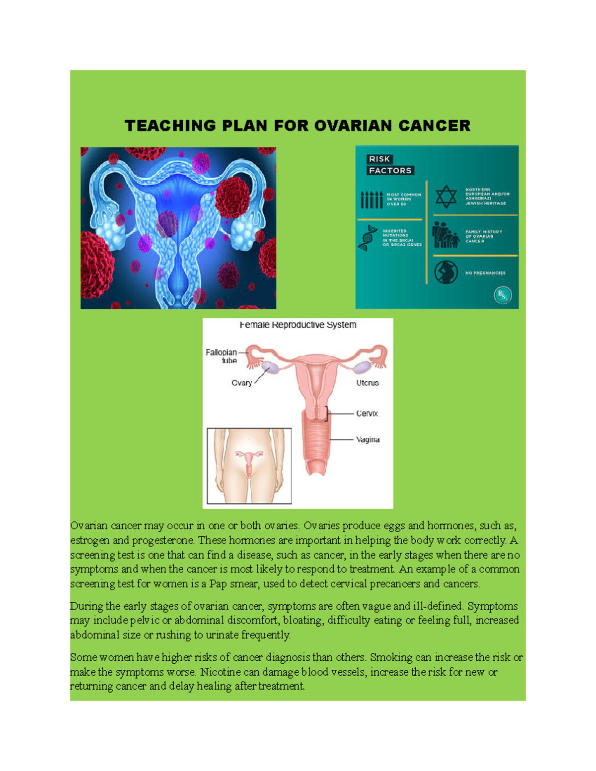 Teaching PLAN FOR Ovarian Cancer hospice wk4 - TEACHING PLAN FOR ...