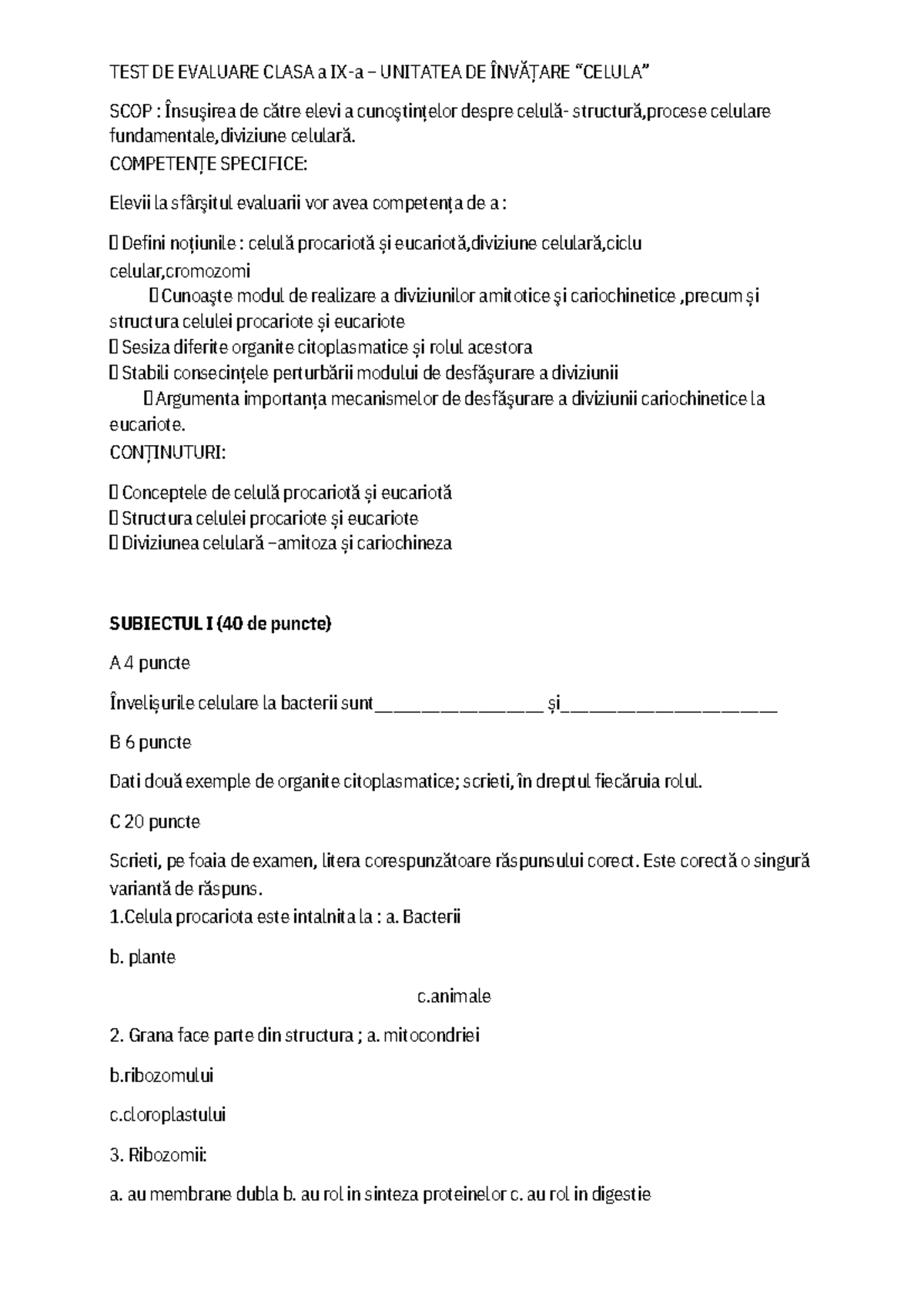 TEST DE Evaluare Clasa a IX - TEST DE EVALUARE CLASA a IX-a – UNITATEA ...