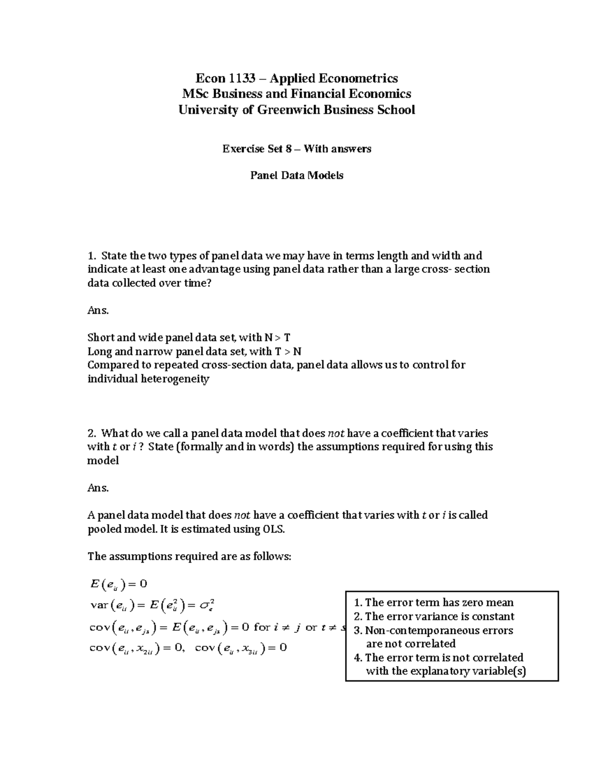Exercises for L8 with answers - Econ 1133 – Applied Econometrics MSc Business and Financial ...