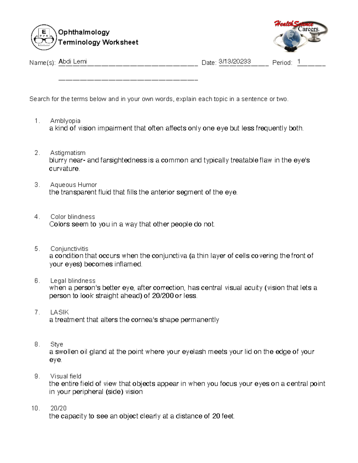 Ophthalmology Terminology Worksheet - Name(s ...