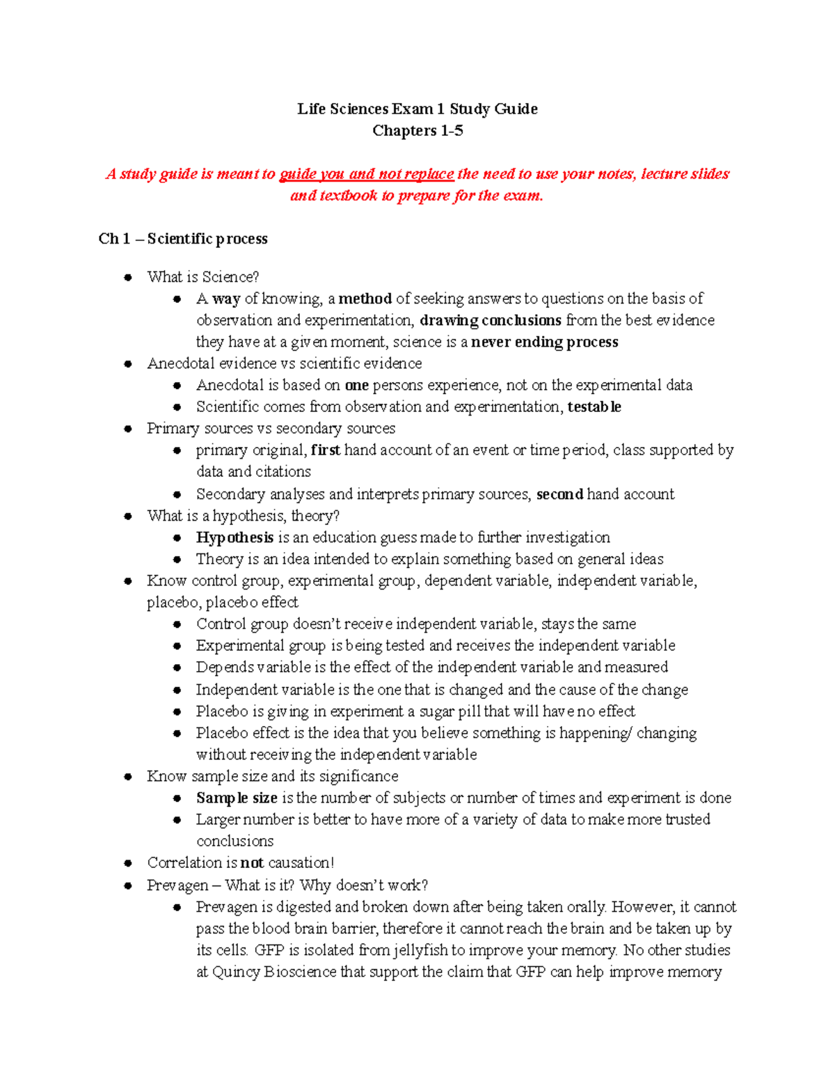 Life Science Exam 1 Study Guide Chapter 1-5 BS 1005 - Life Sciences ...