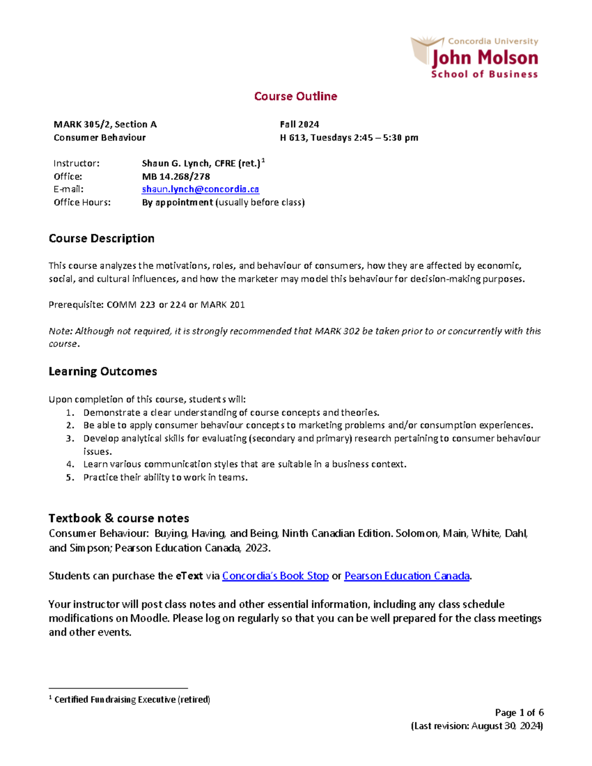 Outline MARK305 - Page 1 of 6 Course Outline MARK 305/ 2 , Section A ...