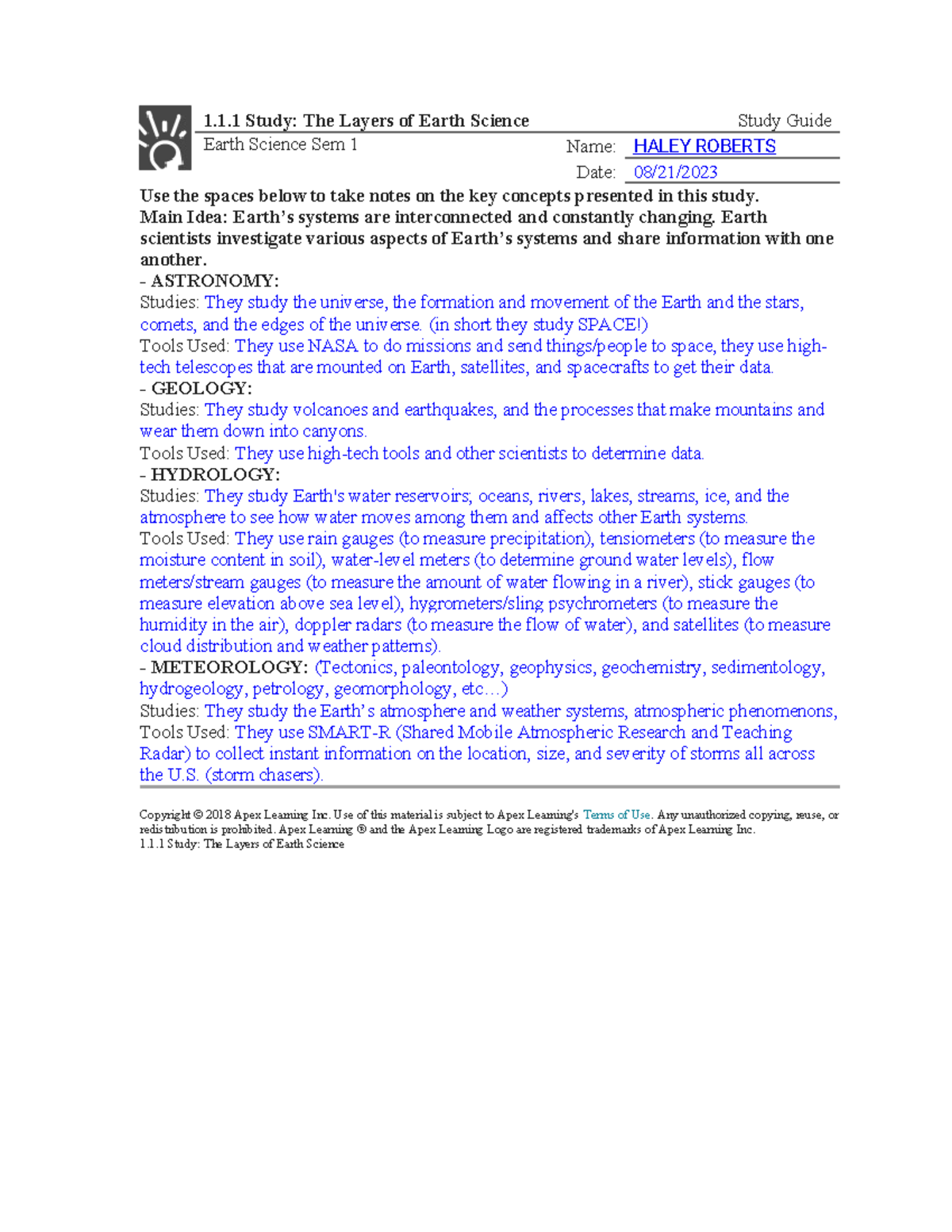 1.1.1 Study - The Layers of Earth Science (Study guide) - 1.1 Study ...