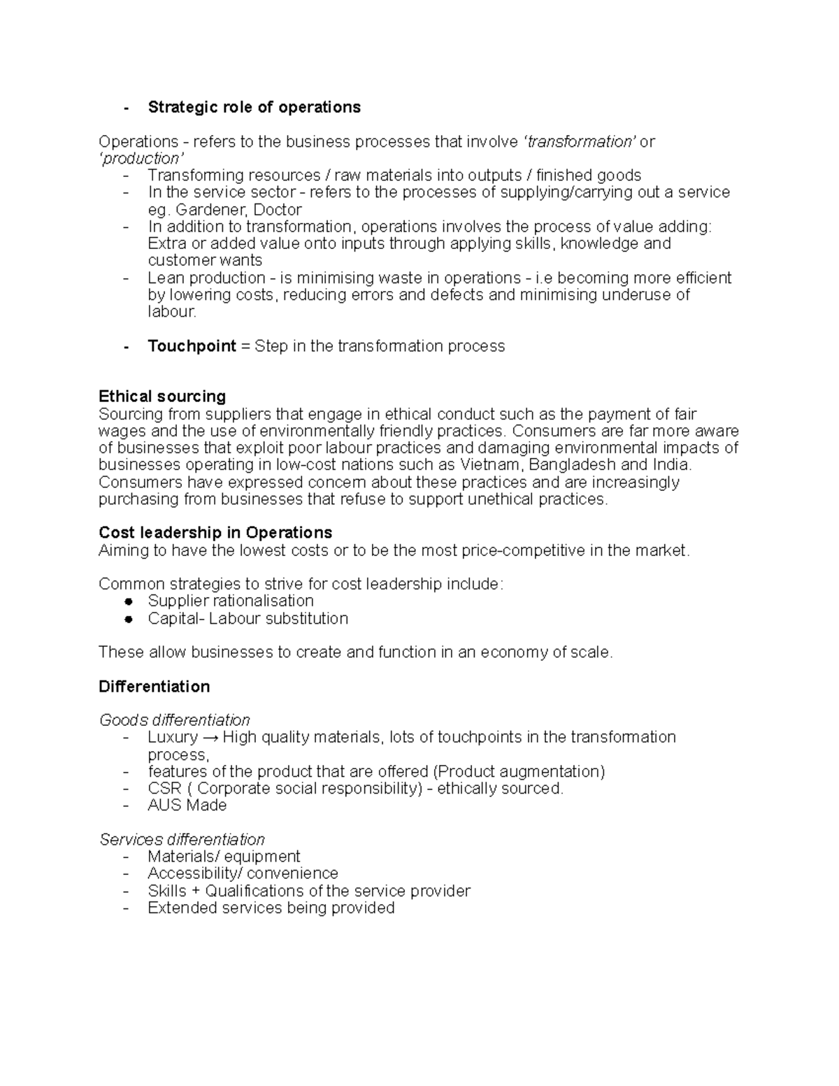 YR 12 Business Study Notes - Strategic role of operations Operations ...