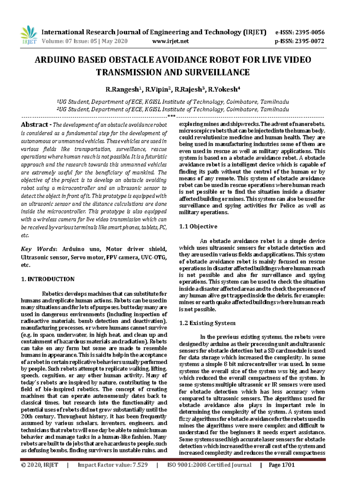 Irjet-V7I5329 - The design and implementation of an obstacle-avoiding robot present an ...