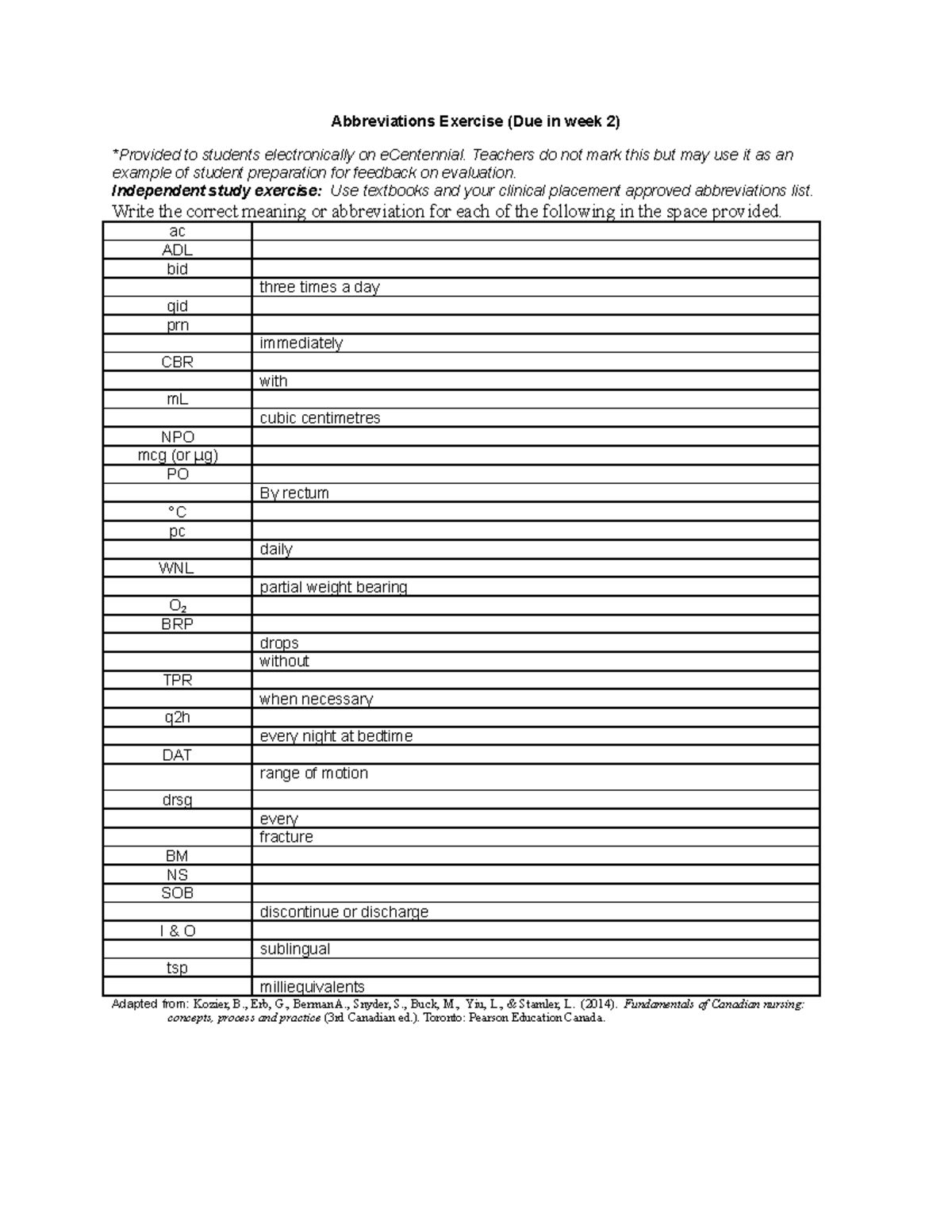Abbreviations Exercise - Teachers do not mark this but may use it as an ...