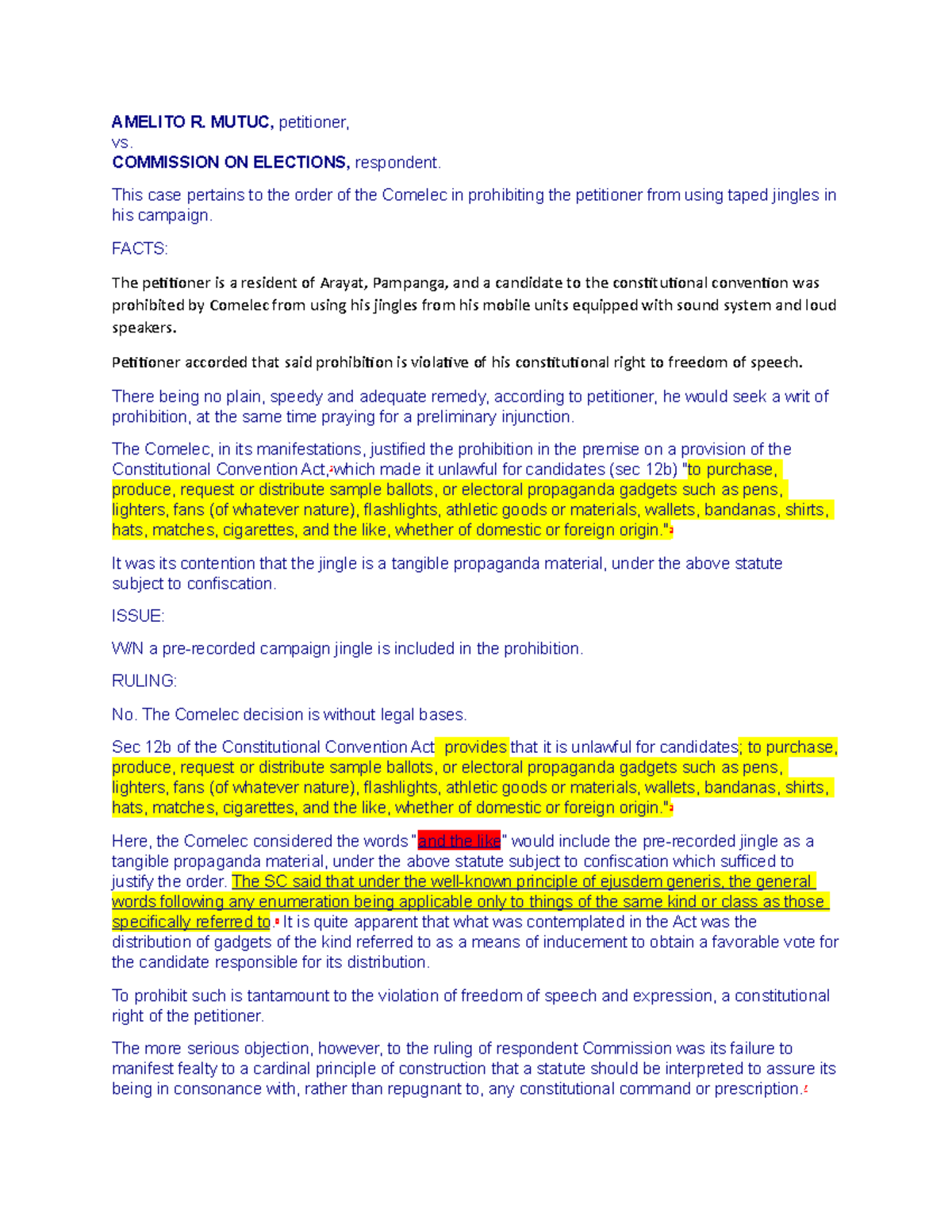 Mutuc - what ? - AMELITO R. MUTUC, petitioner, vs. COMMISSION ON ...