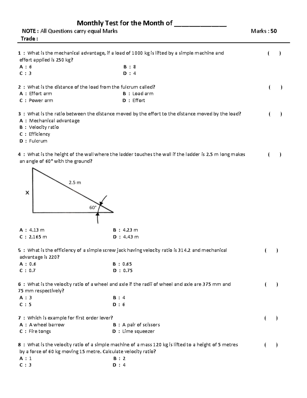 1ST YEAR 8TH Monthly TEST - Monthly Test for the Month of ...