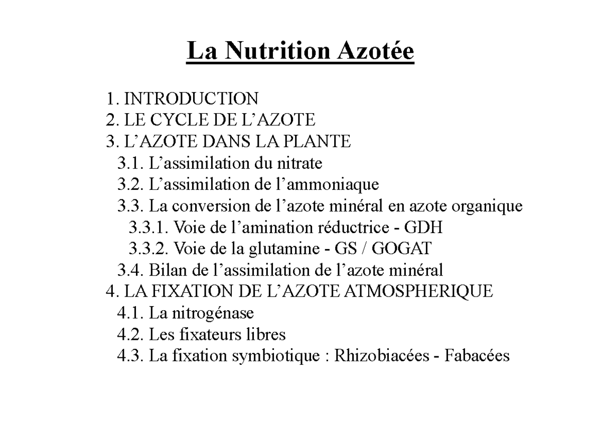 NUTRITION AZOTÉ, LE CYCLE DE L’AZOTE, L’AZOTE DANS LA PLANTE - La ...