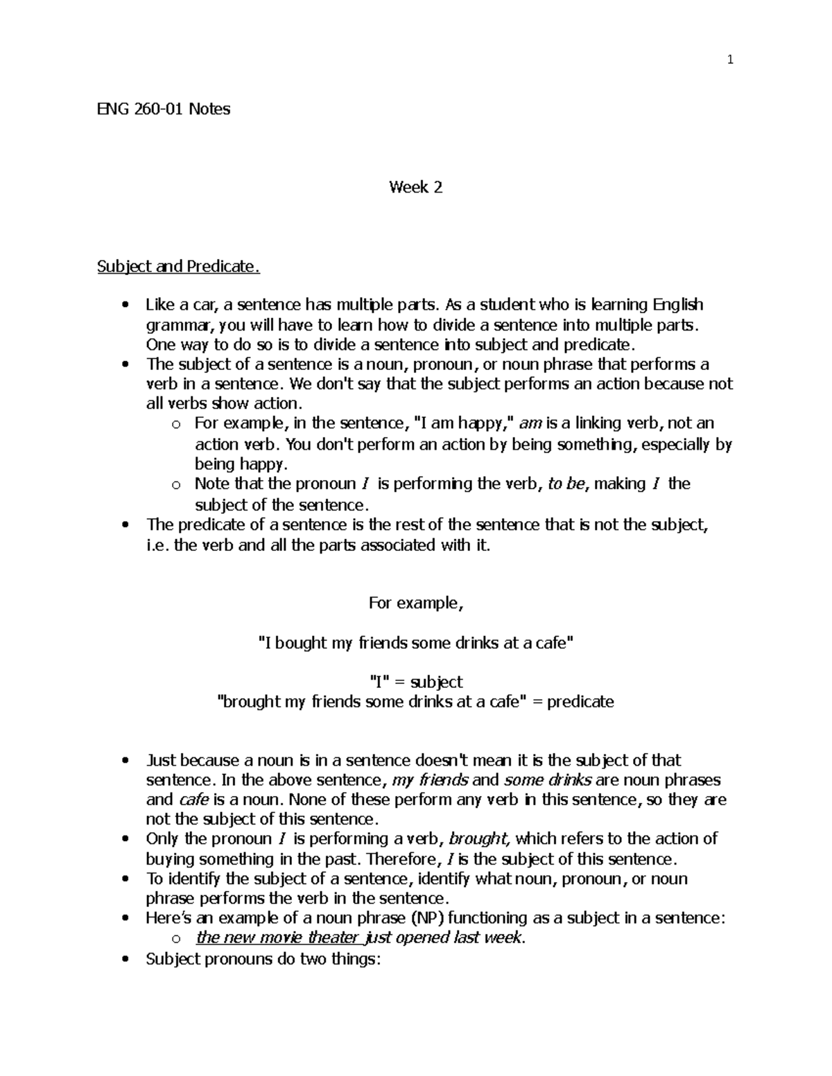 ENG 260-01 - week 2 - Subject and predicate. Introduction to clauses ...