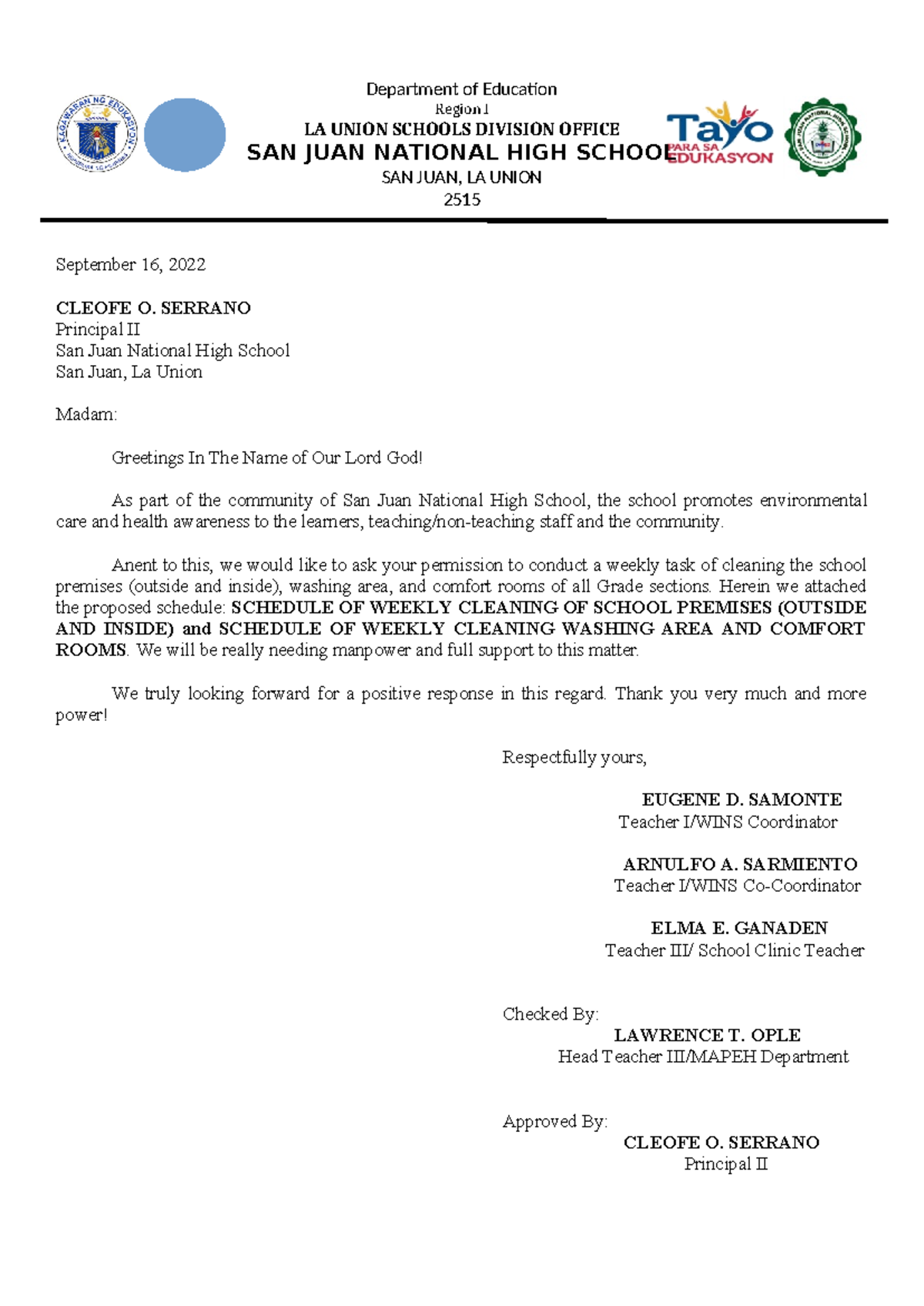 Letter permi - FOR YOUR REFERENCE - Department of Education Region I LA ...