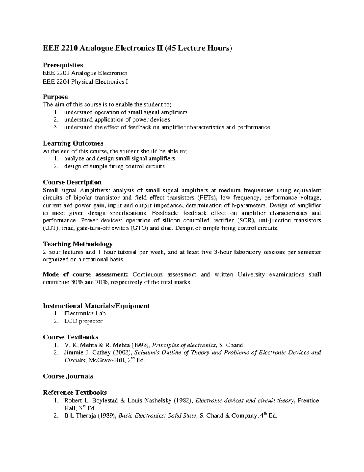 00 EEE 2210 Analogue Electronics II course outline - EEE 22 1 0 Analogue Electronics II (45 ...