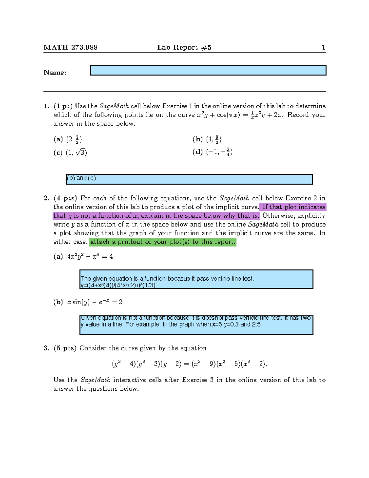 Lab5Report - lab5 - MATH 273 Lab Report #5 1 Name: (1 pt)Use ...