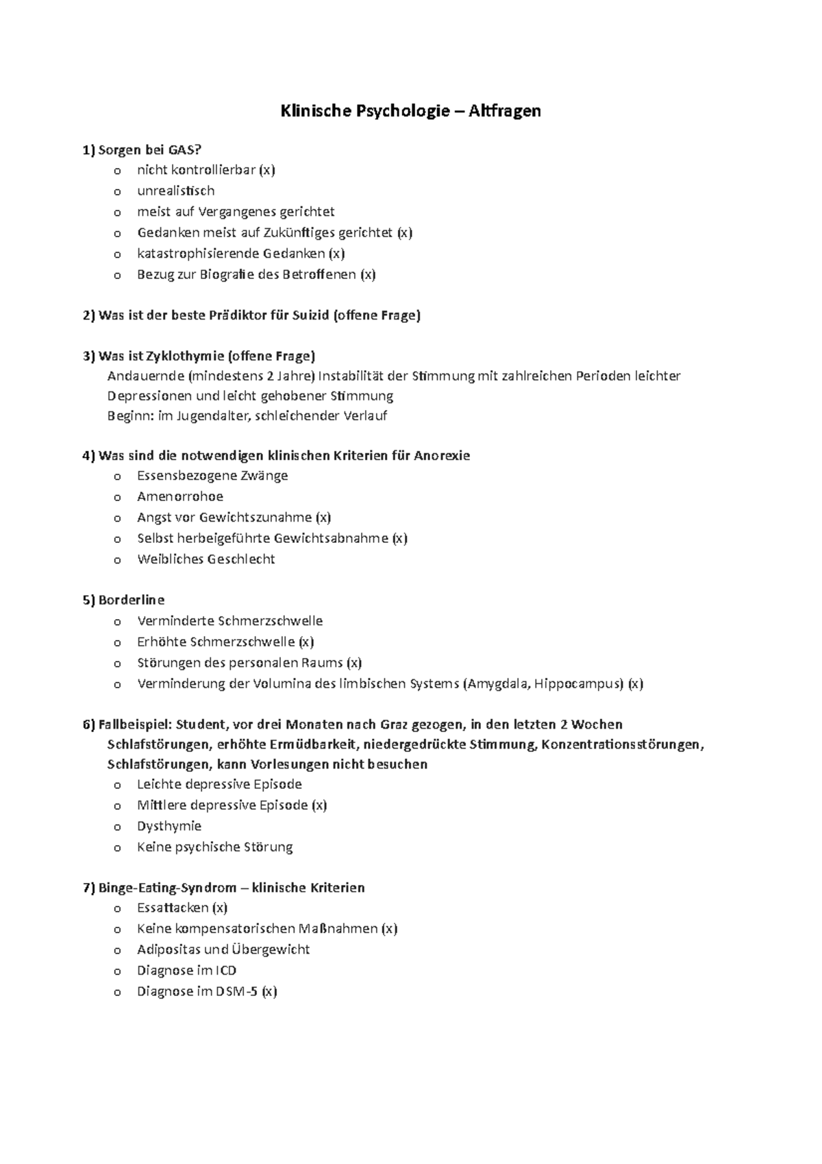 Klausur, Fragen und Antworten - Klinische Psychologie – Altfragen 1)Sorgen bei GAS? o nicht ...