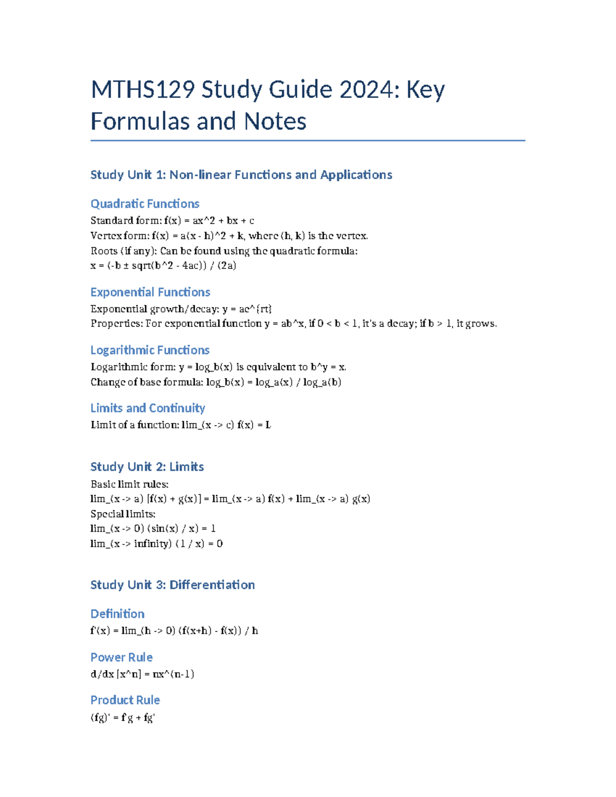 MTHS129 Key Formula and Notes - MTHS129 Study Guide 2024: Key Formulas ...