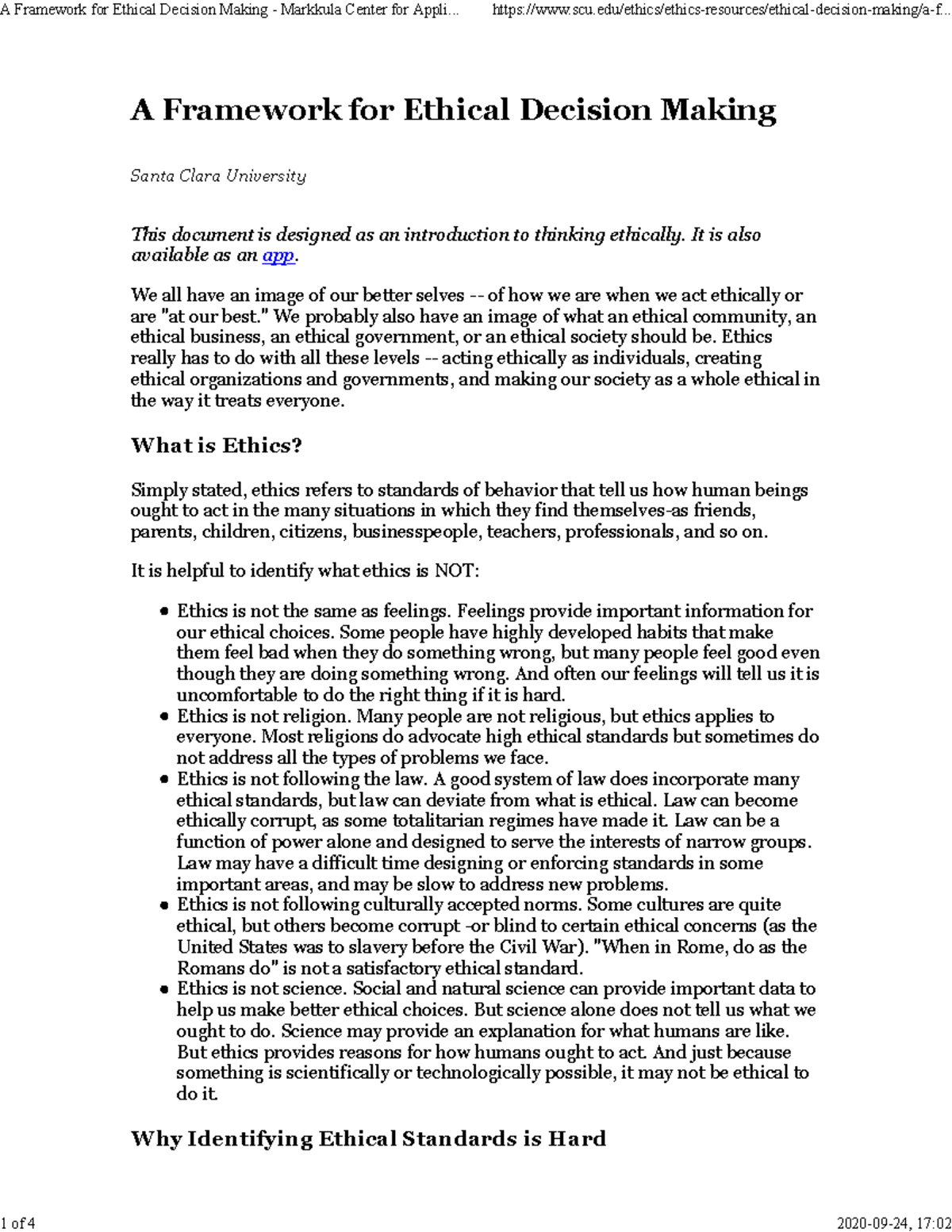 (4) Markkula Framework for Ethical Decision Making - A Framework for ...