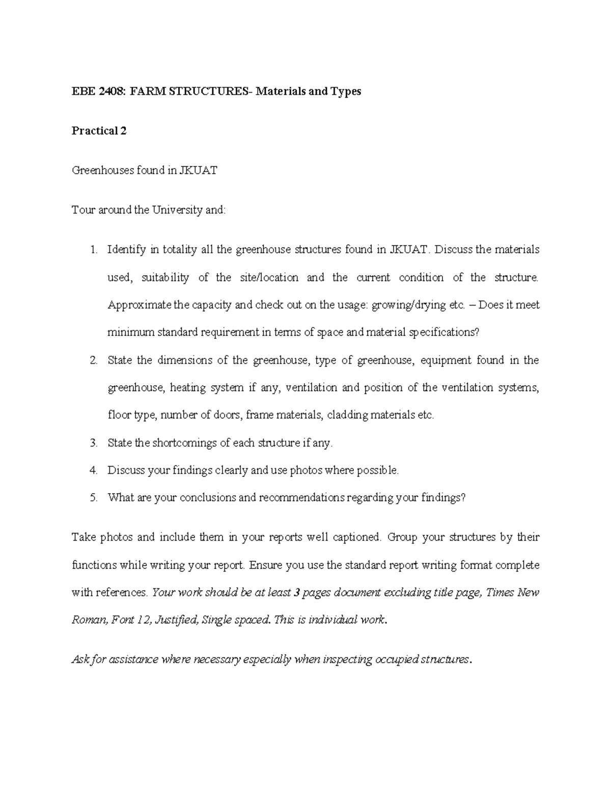 Practical 2 ABE 4th 2024 - EBE 2408: FARM STRUCTURES- Materials and ...