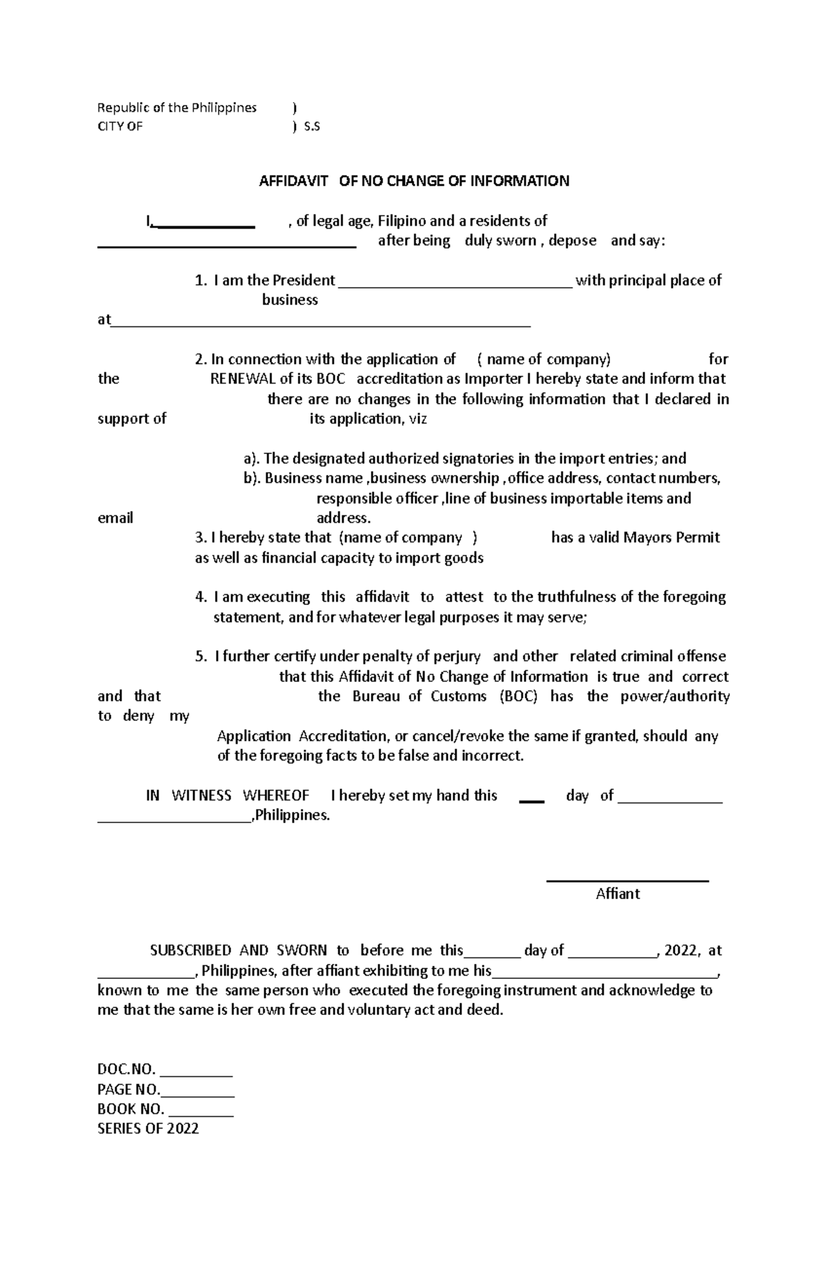 Affidavit OF NO Change-CORP - Republic of the Philippines ) CITY OF ) S ...
