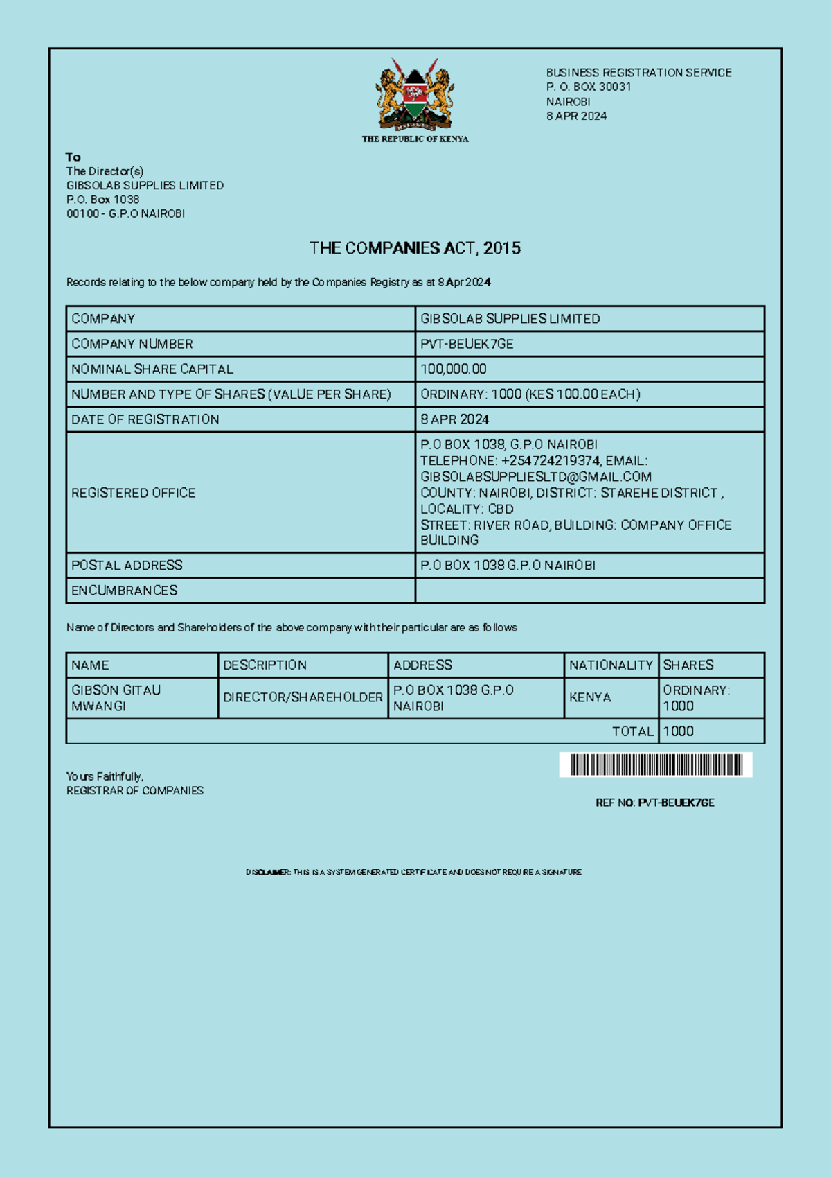 PVT- Beuek 7GE-Company CR 12 - BUSINESS REGISTRATION SERVICE P. O. BOX ...