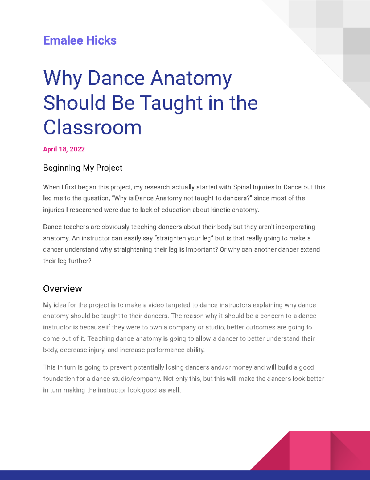 Project Proposal - Emalee Hicks Why Dance Anatomy Should Be Taught in ...