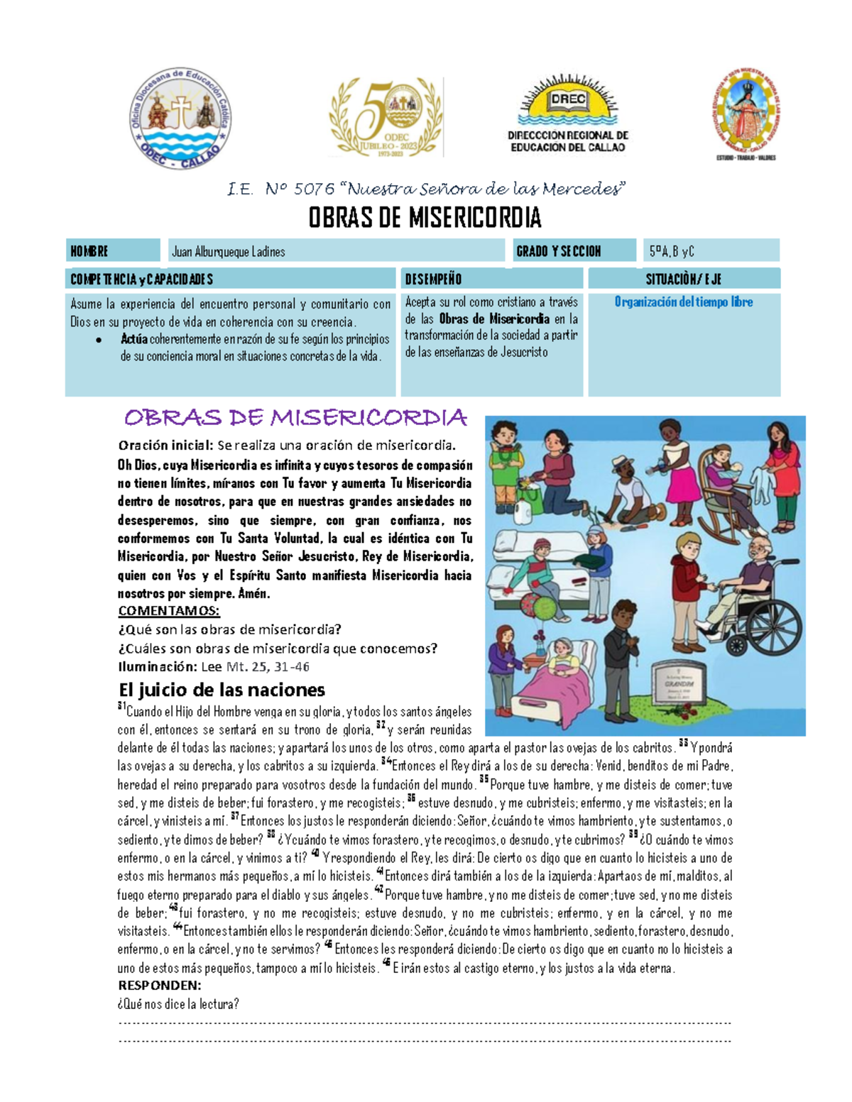 Sesion - LAS Obras DE Misericordia - quinto - I. Nº 5076 “Nuestra Señora de las Mercedes” OBRAS ...