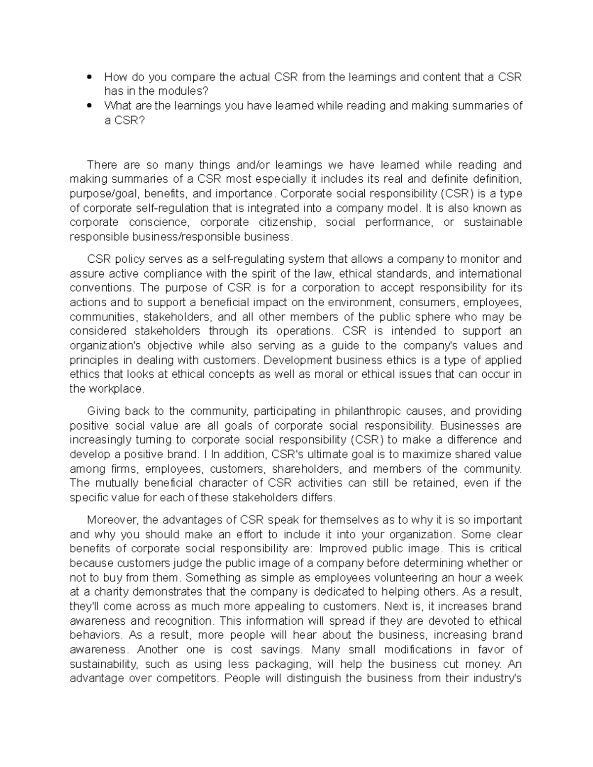 Corporate social responsibility (CSR) - How do you compare the actual ...