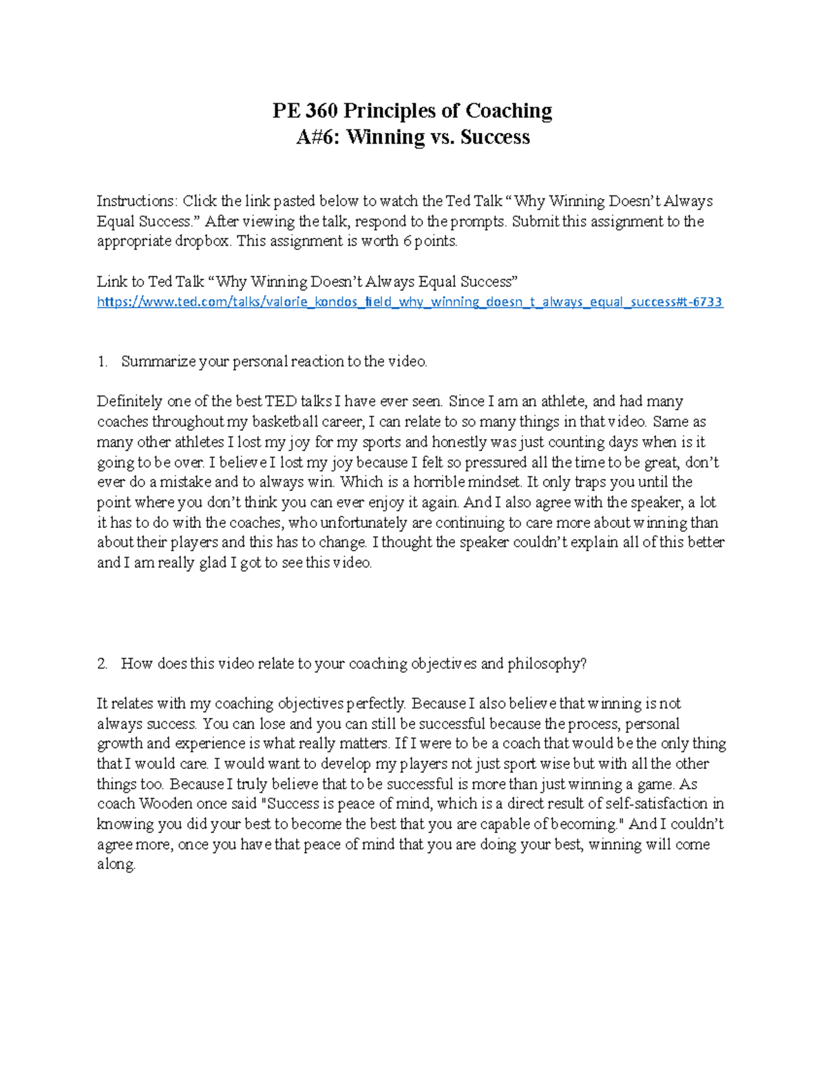 A#6 Winning vs. Success - PE 360 Principles of Coaching A#6: Winning vs ...