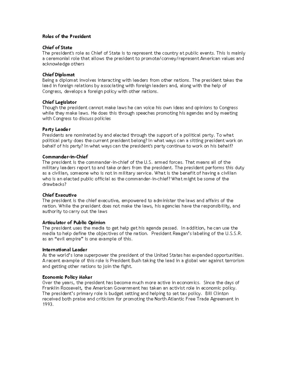 Roles of the president - n/a - Roles of the President Chief of State ...