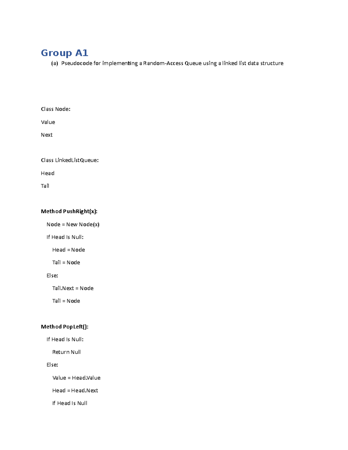 Group A1 Jcshuipjlsnduijiwsji Group A A Pseudocode For Implementing A Random Access Queue