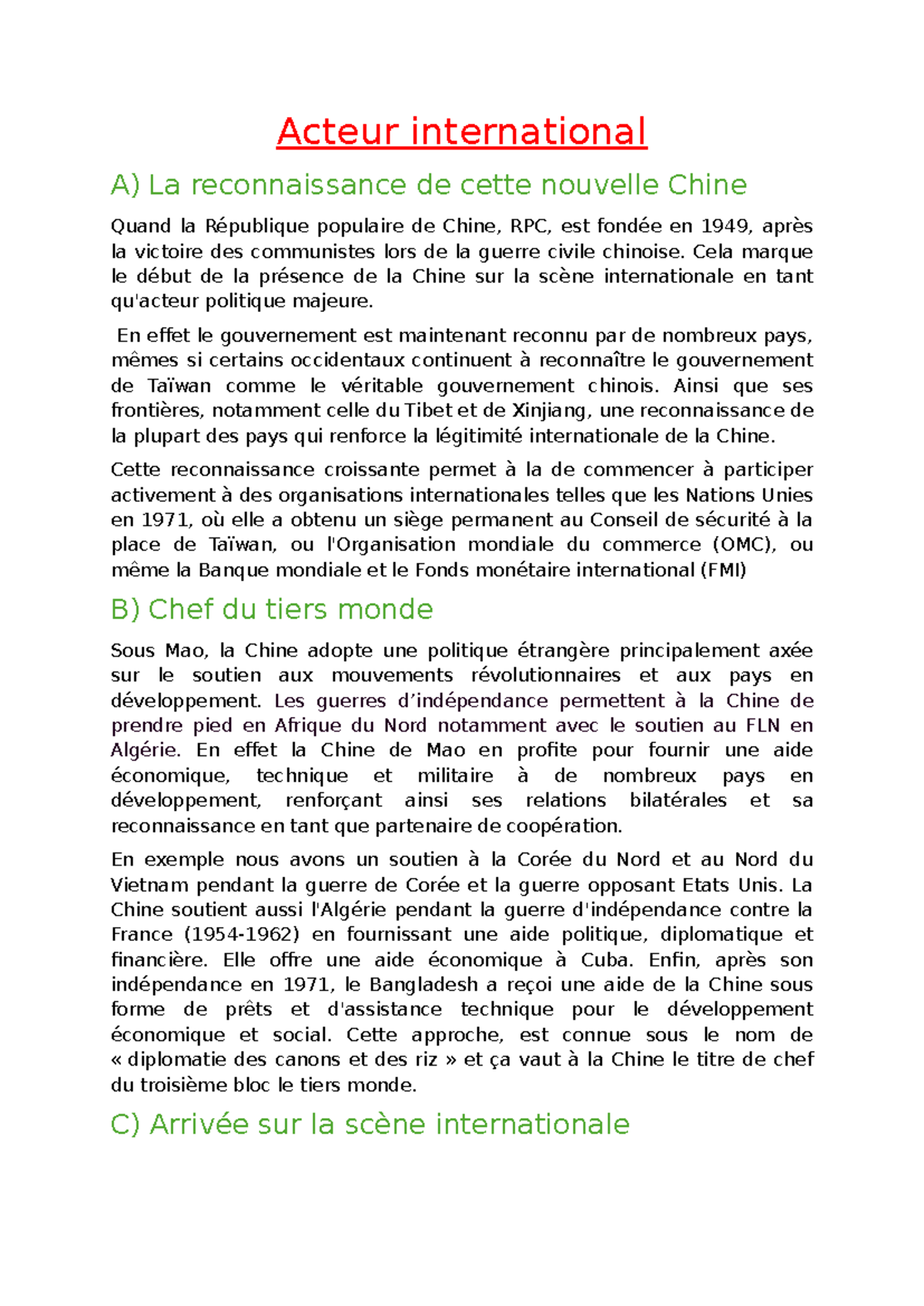 Exposé histoire géo chine de mao - Acteur international A) La ...