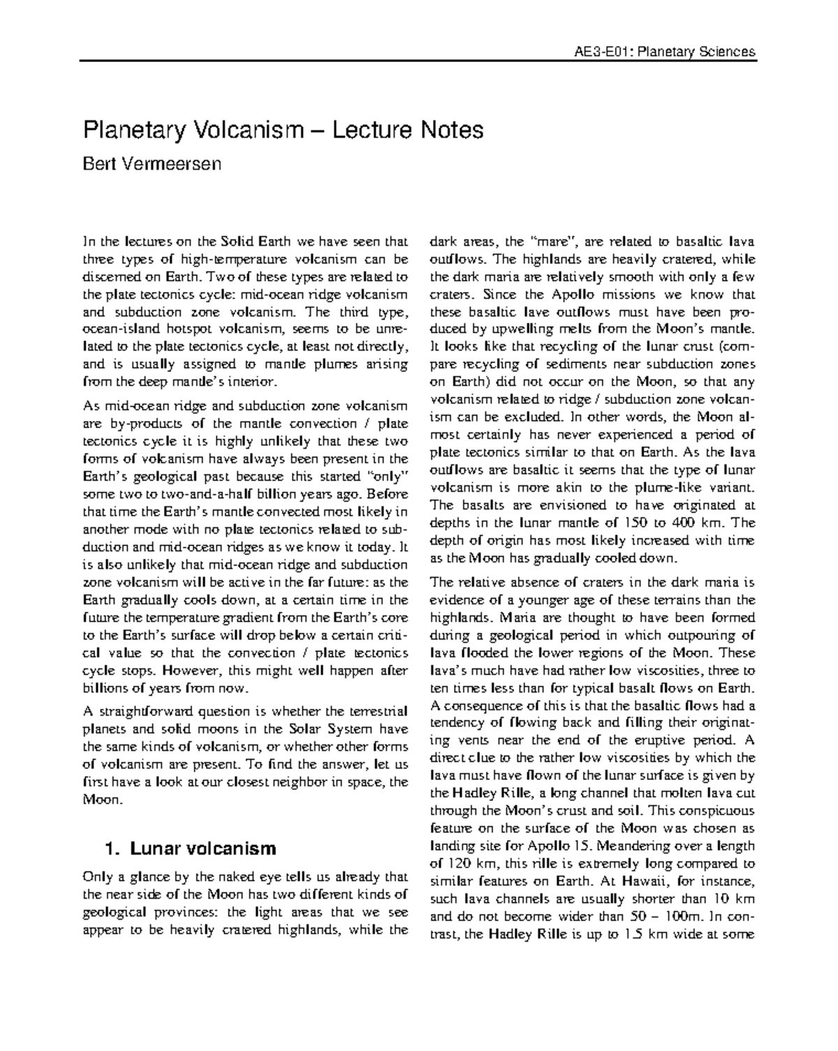 Lecture Notes Planetary Volcanism - Planetary Volcanism – Lecture Notes ...