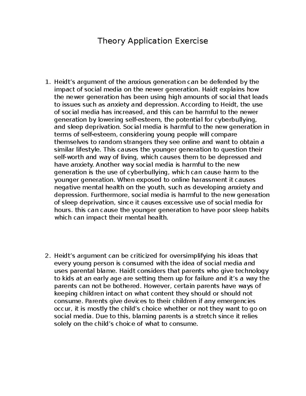 Theory Application Exercise for Course ABC123 - Theory Application Exercise 1. Heidt’s argument ...