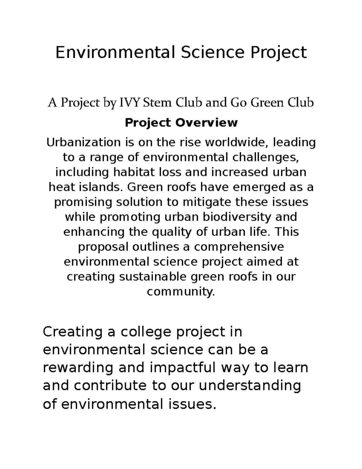 Green Docoument - Environmental Science Project A Project by IVY Stem ...